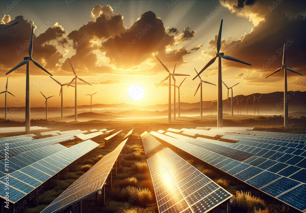 Clean Energy Landscape: Solar Panes Grid and Windmill Wind Turbines ...