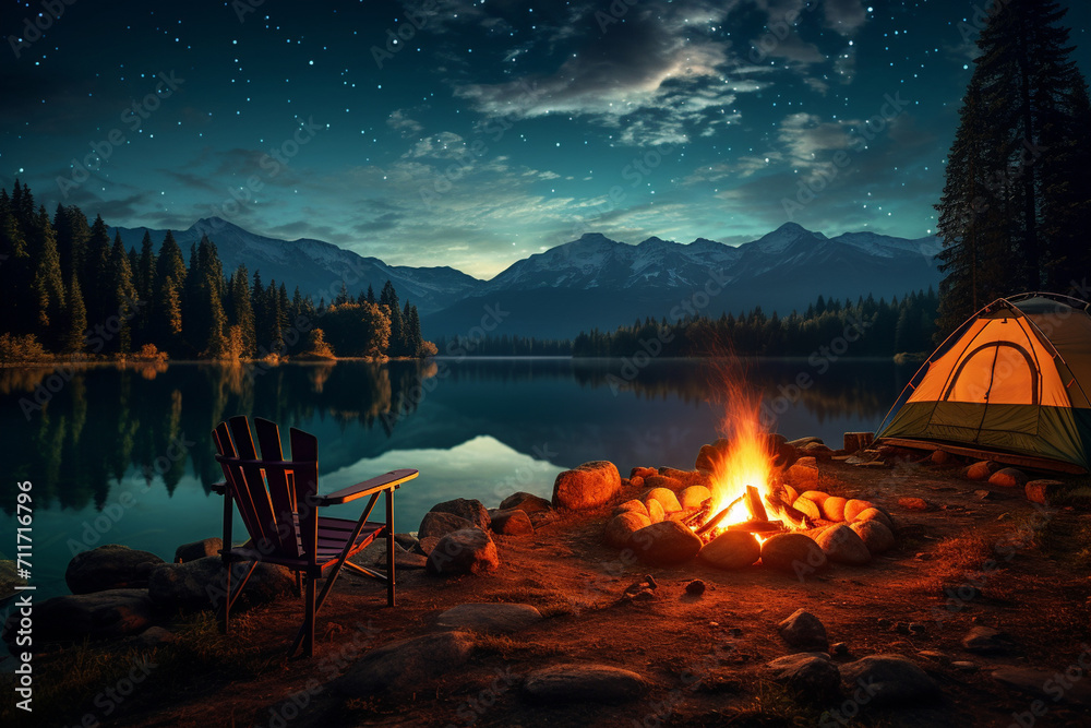 A serene lakeside campsite with a tent and a bonfire, under a star ...