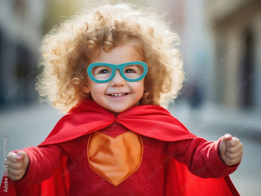young child wearing a red superhero costume with a red cape and mask ...