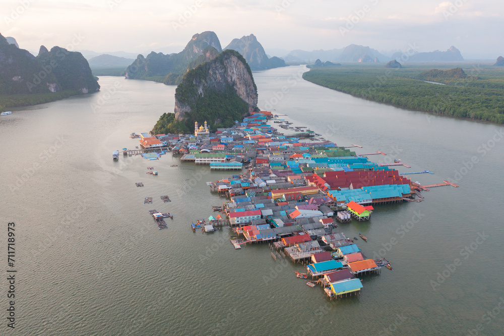 Aerial view of Koh Panyee, The Floating village urban city town houses ...