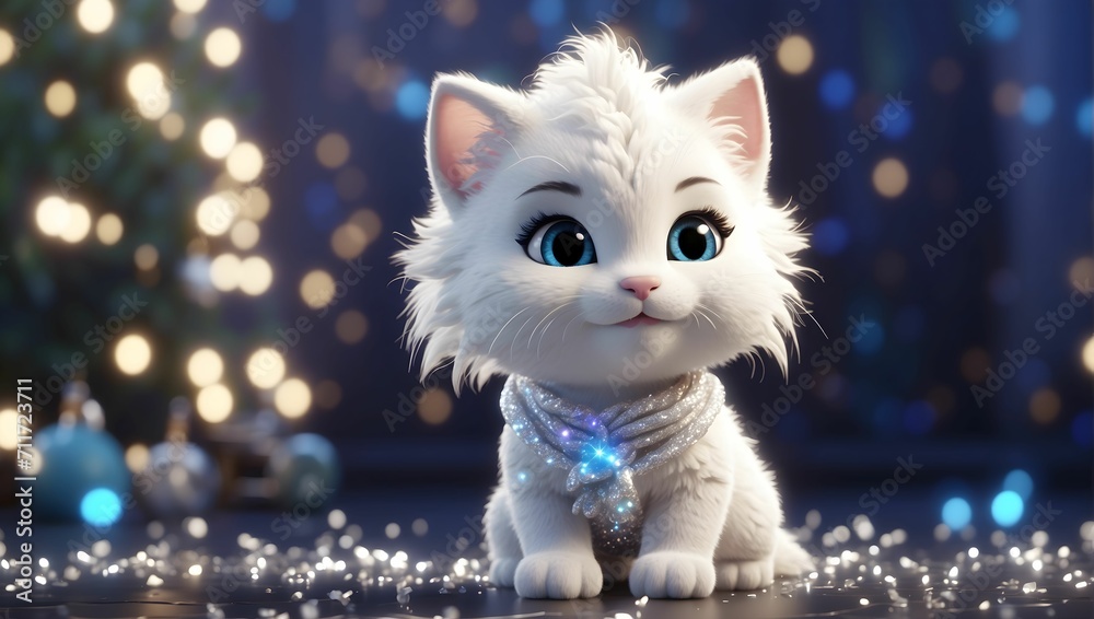 Chibi, kind fluffy white cat with shiny silver hair in glitter and blue ...