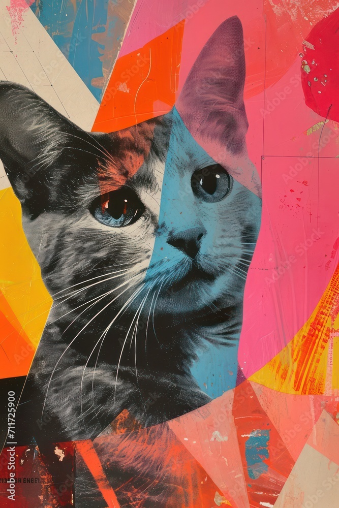 Vintage cat collage art in an abstract style, featuring retro colors ...