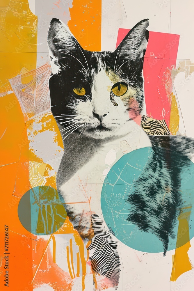 Vintage cat collage art in an abstract style, featuring retro colors for an eye-catching effect ...