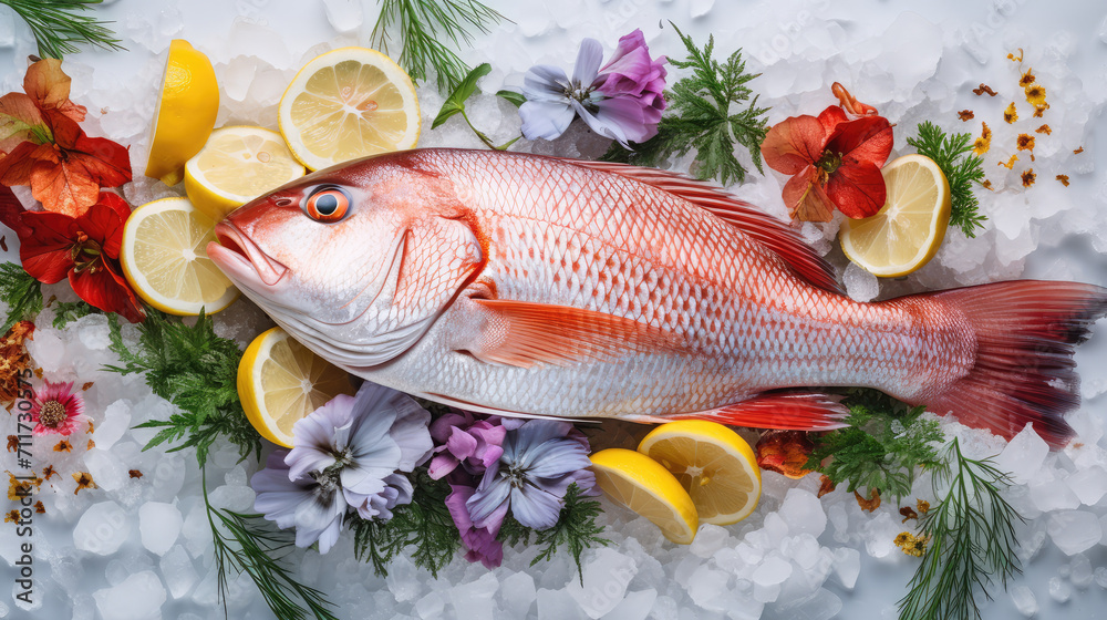 Top view of fresh frozen seafood in chunks of broken ice. A dish with ...