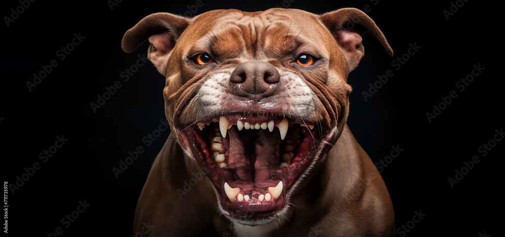 Angry dog snarling at the camera. Aggressive dog shows dangerous teeth ...