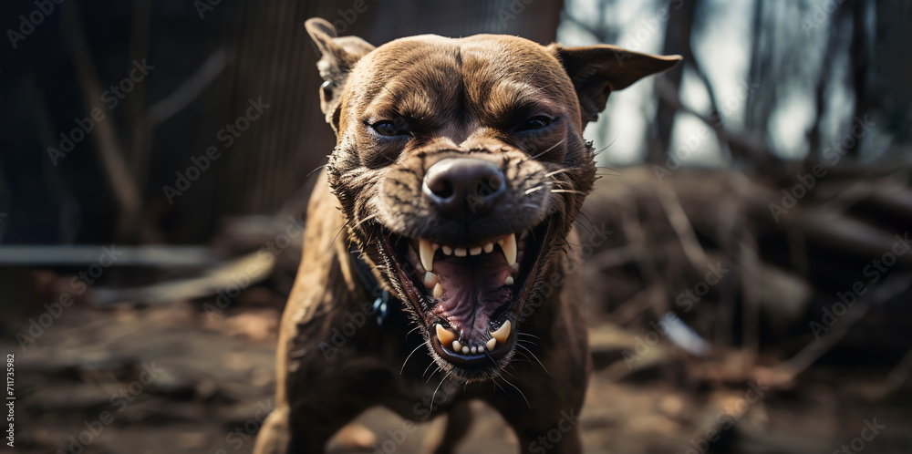 Angry dog snarling at the camera. Aggressive dog shows dangerous teeth ...