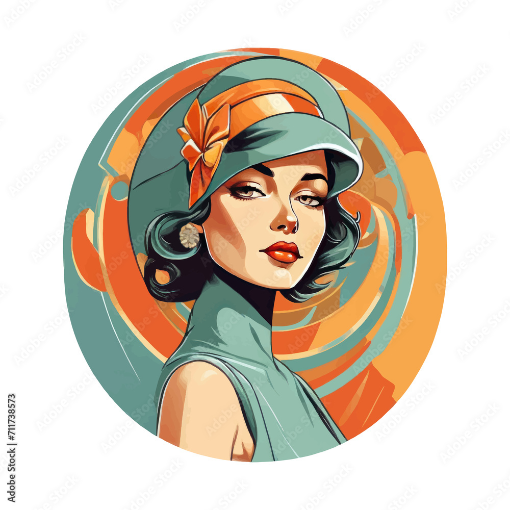 Art Deco graphic design with a female character in a lively comic ...