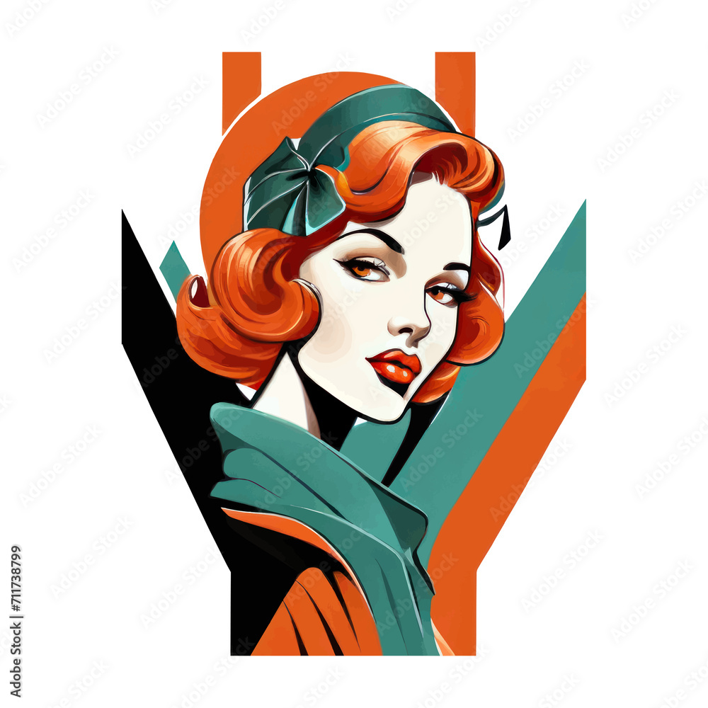 Art Deco graphic design with a female character in a lively comic ...