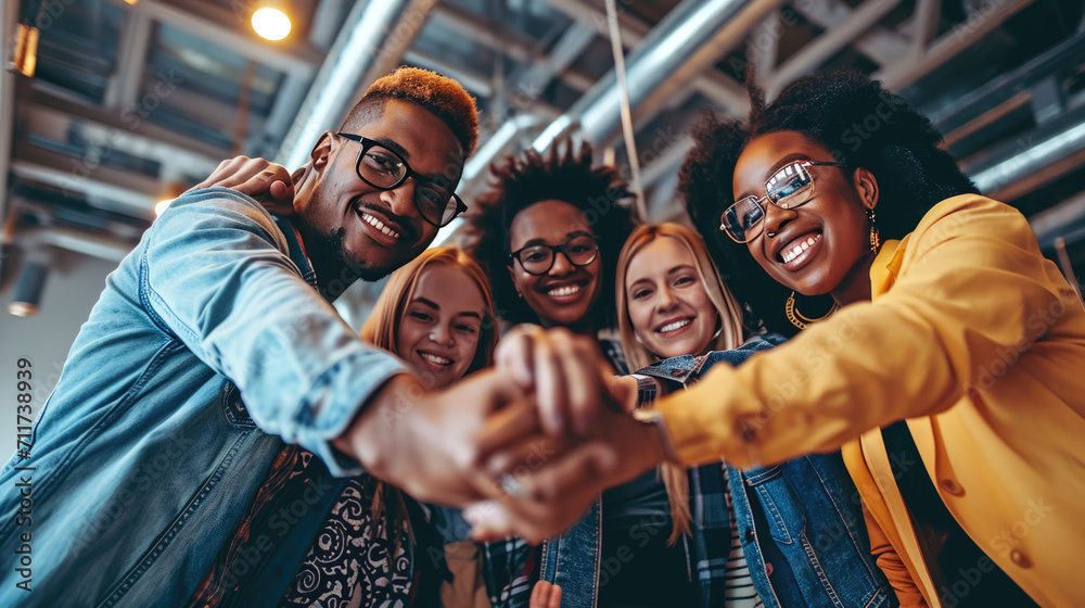 Portrait of a diverse group of young adults stacking their hands ...