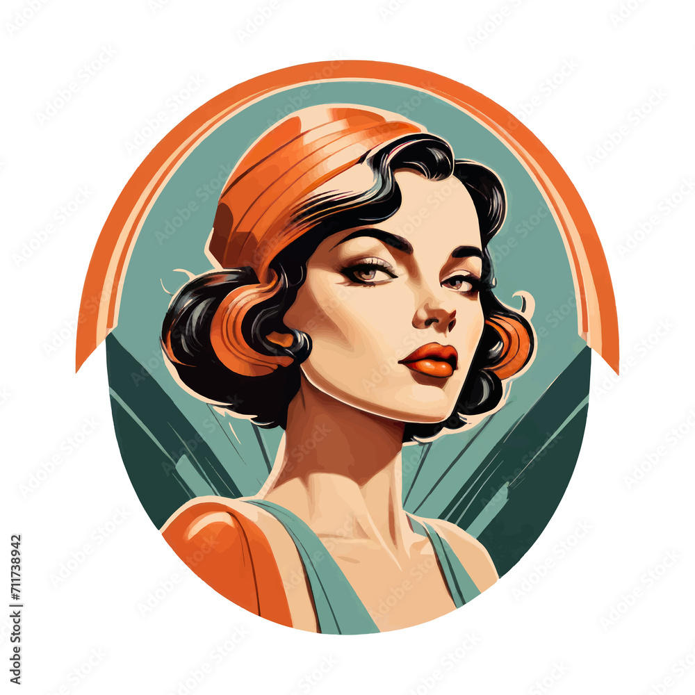 Art Deco graphic design with a female character in a lively comic ...