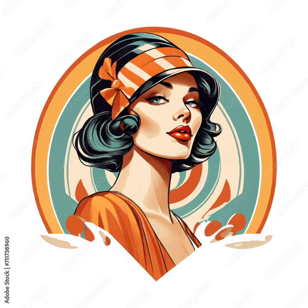 Art Deco graphic design with a female character in a lively comic ...