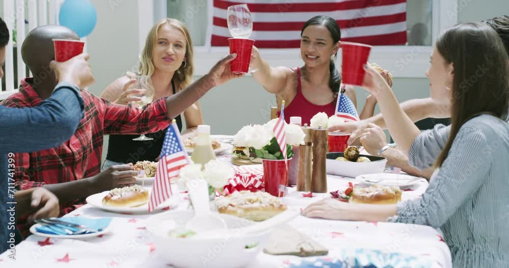 Friends, drinks and cheers at party, American flag and celebration for ...