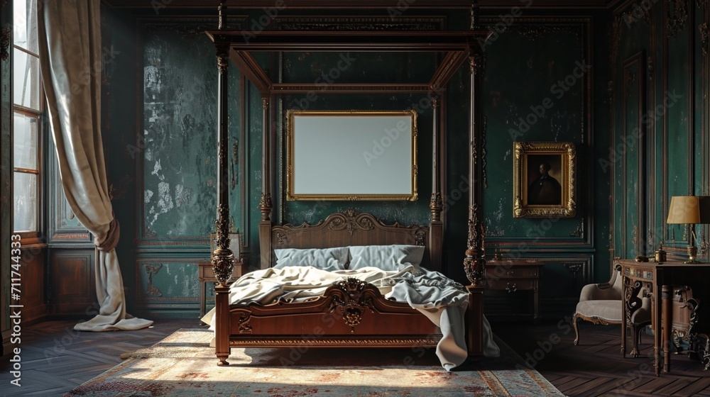 Old English manor bedroom with a classic four-poster bed, ancestral ...