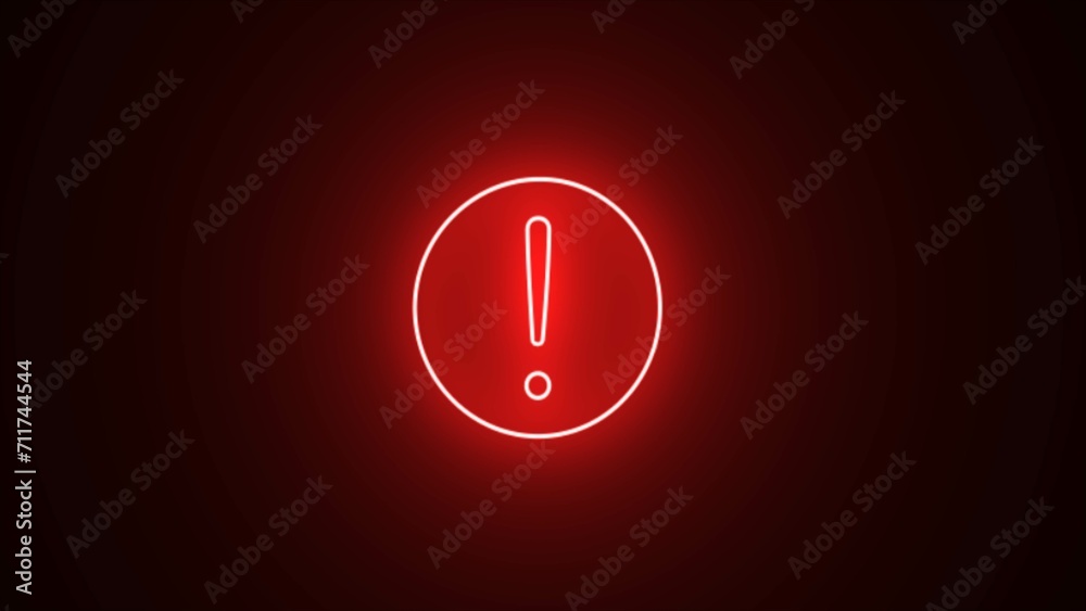 Glowing red neon warning circle icon on black background. Neon ...