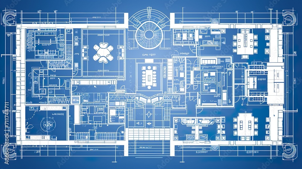 2D blueprint of a commercial building, viewed from the top down made ...