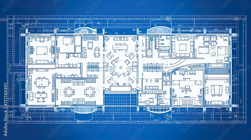 2D blueprint of a commercial building, viewed from the top down made ...