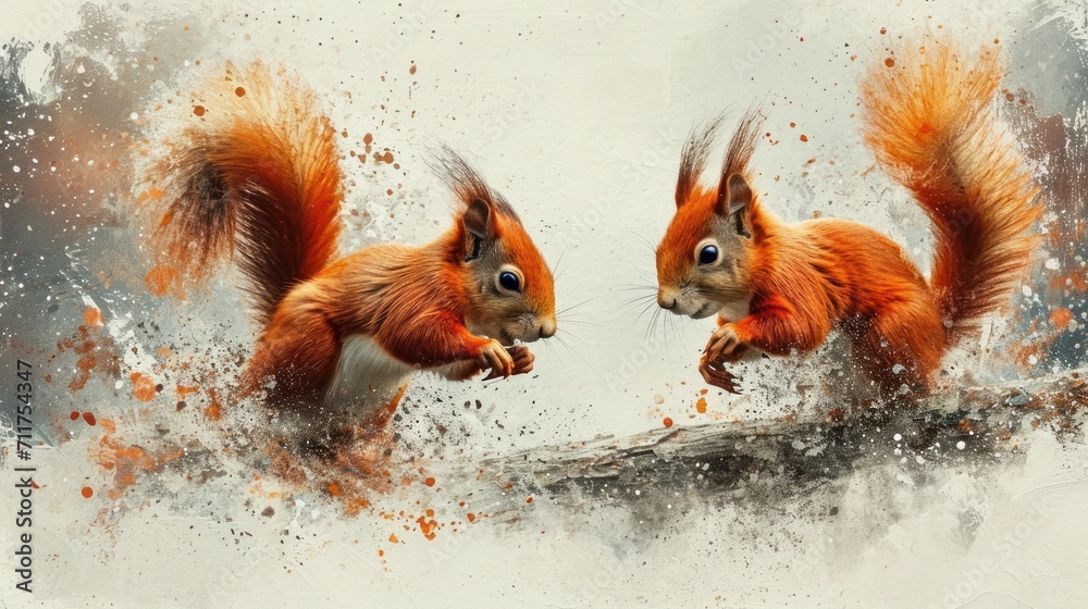 a painting of two red squirrels on a tree branch with their tails in ...