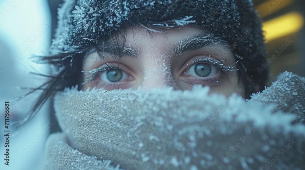 Frozen Commute, Close-Up of a Commuter's Face, Icicles Forming on ...