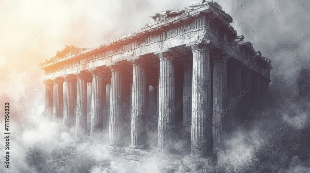 the Parthenon temple in Athens, Greece, shrouded in a thick fog The ...