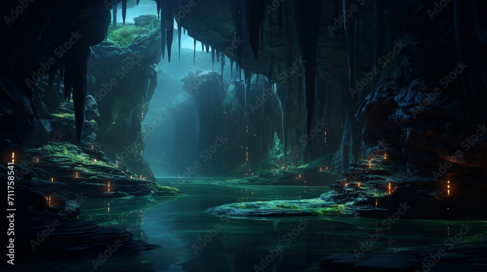 A nocturnal view of a bioluminescent cave system, showcasing the ...