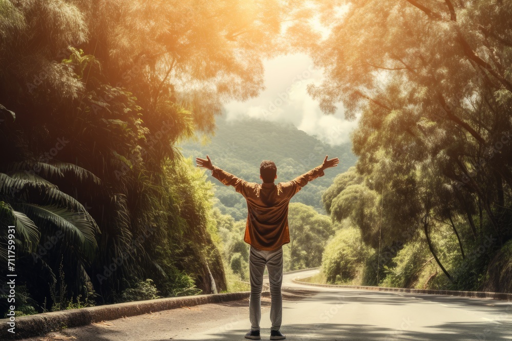 A man confidently stands in the middle of a road with his arms ...