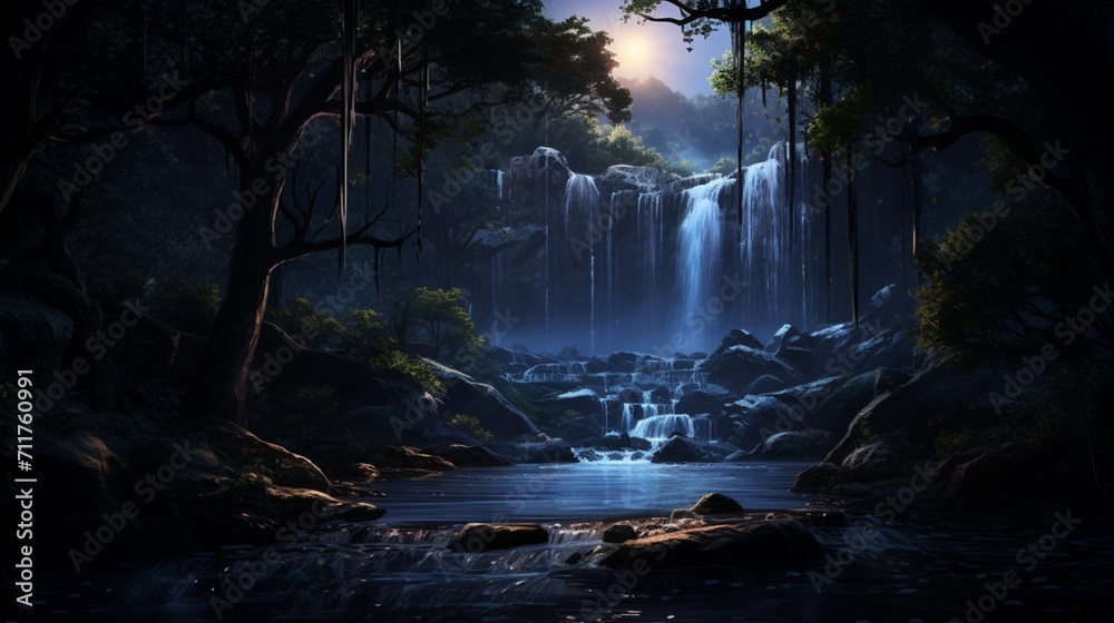 A nocturnal view of a waterfall amidst a forest, showcasing the ...