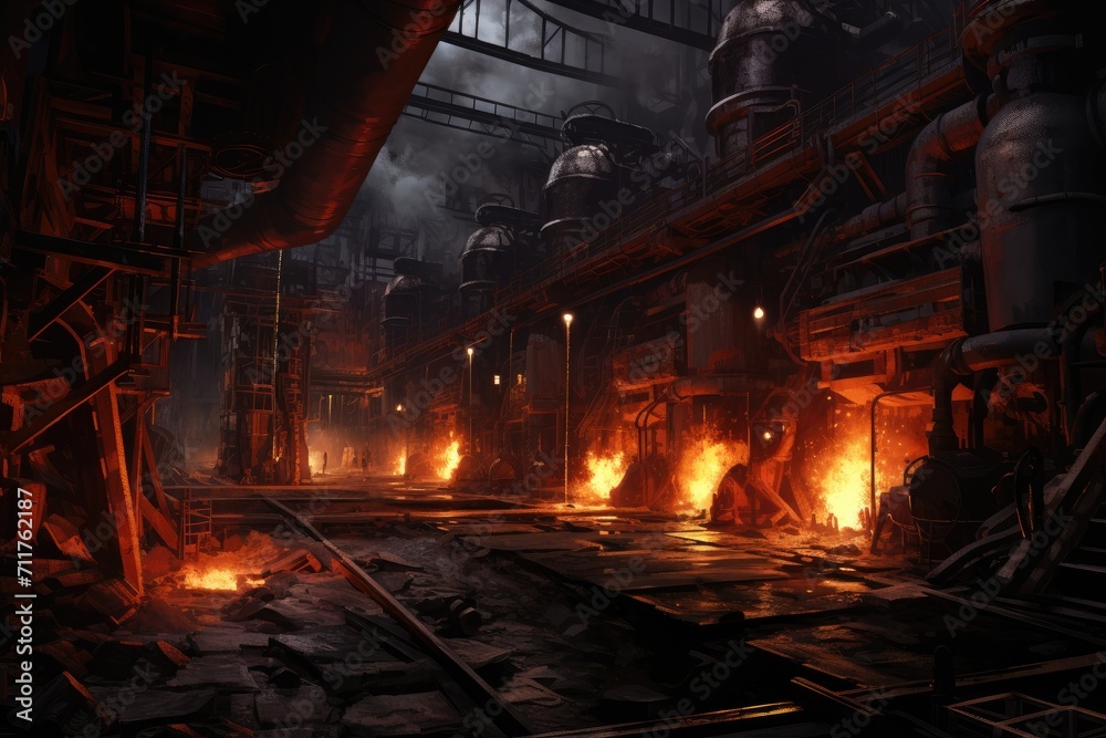 A gigantic factory is filled with raging fire and billowing smoke ...