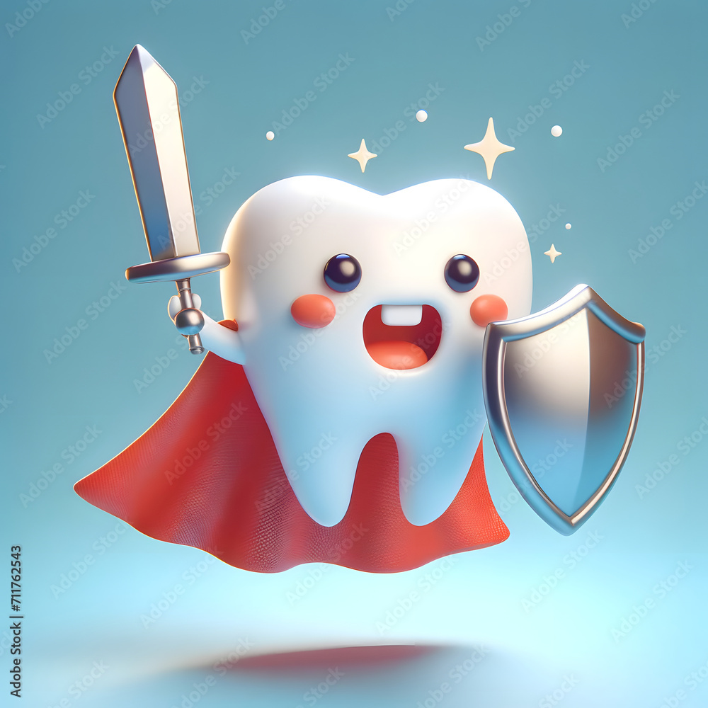 tooth wearing a red cape, holding a shield and a sword, floating in mid ...