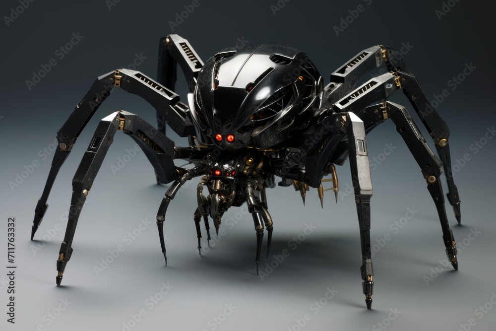 A photo of a large spider with black coloration and striking red eyes ...
