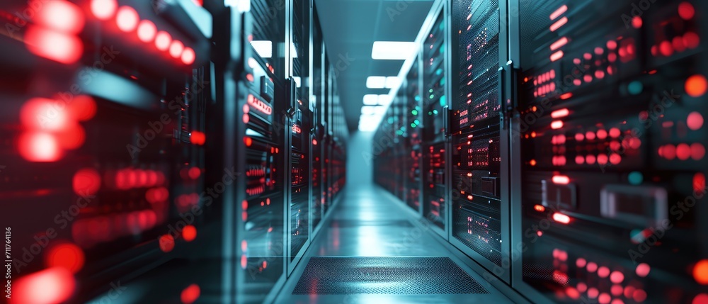 Envision a visually captivating server room, Rows of high-tech servers ...