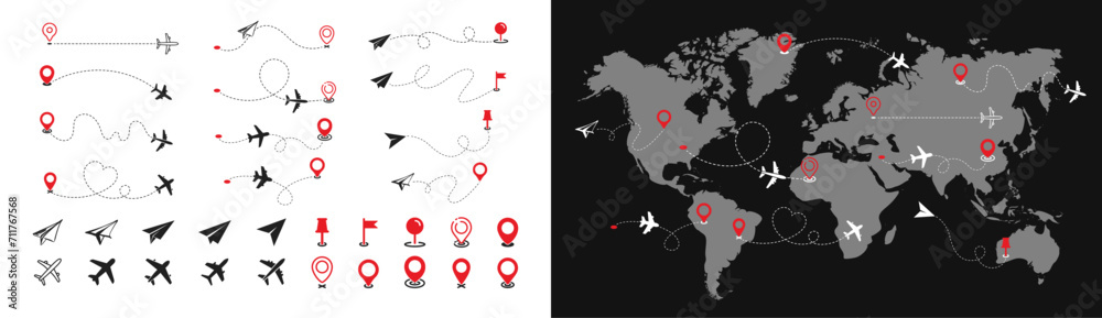 World map whit dashed trace line and airplanes flying. Aviation track ...
