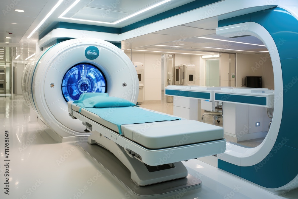 A hospital room with a bed placed in the middle, ready for patient care ...