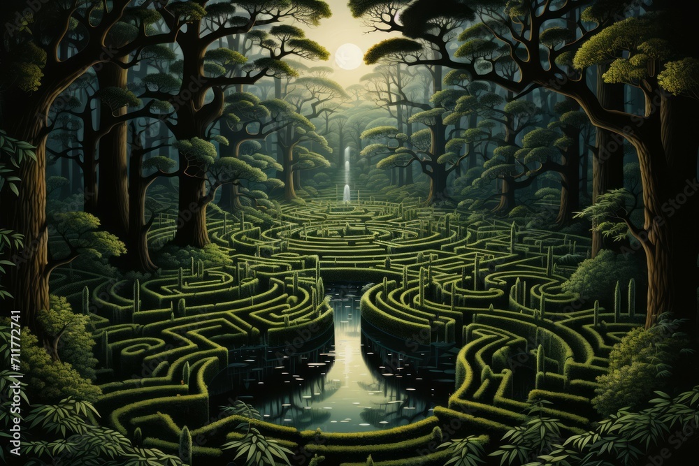 Enchanted forest labyrinths, twisting and turning with magical ...