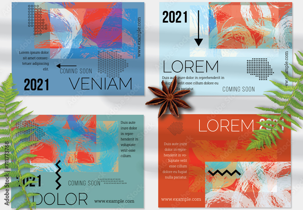 Flyer Layout with Geometric Shapes and Abstract Bright Artistic Brush ...