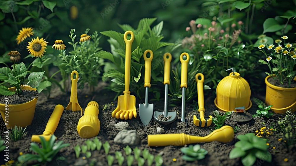 gardening tools in an authentic outdoor setting, positioned among ...