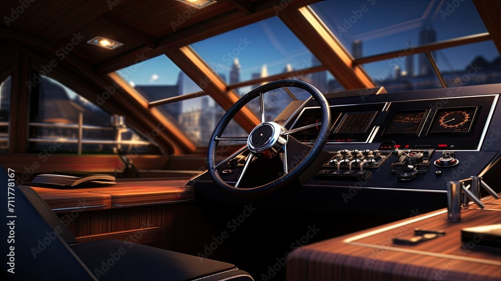steering wheel in the yacht's surroundings, using elements such as the ...