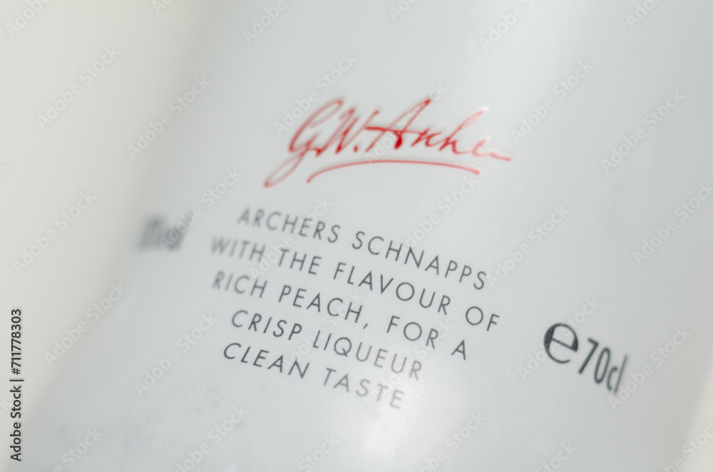 LONDON, UK - JANUARY 16, 2024 Archers Peach Schnapps peach-flavored ...