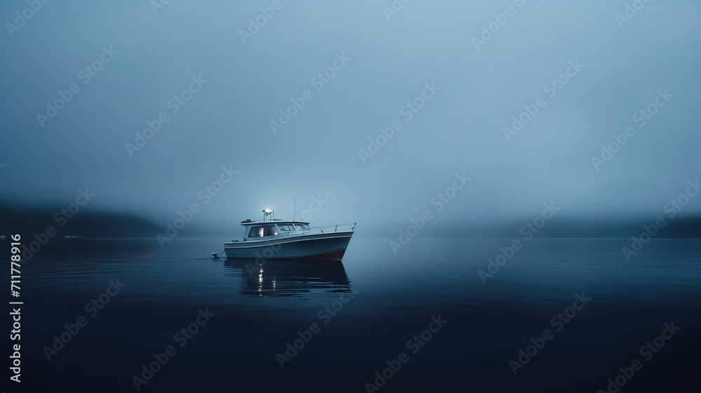 Motorboat in misty dark water in twilight. Solitary boat with a glowing ...
