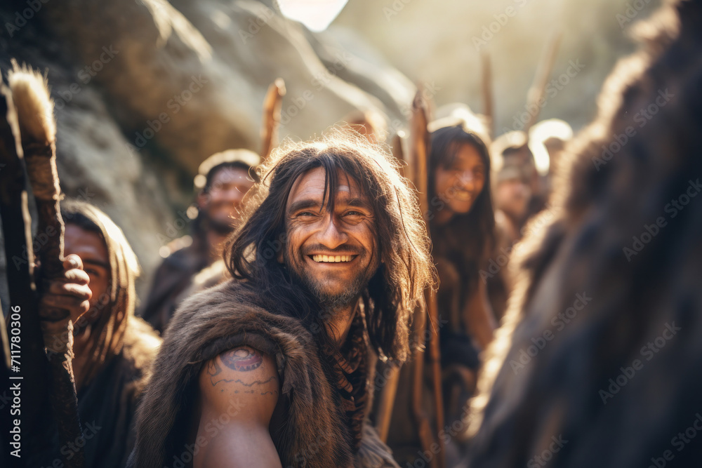 Indigenous prehistoric people in traditional costumes, celebrating ...