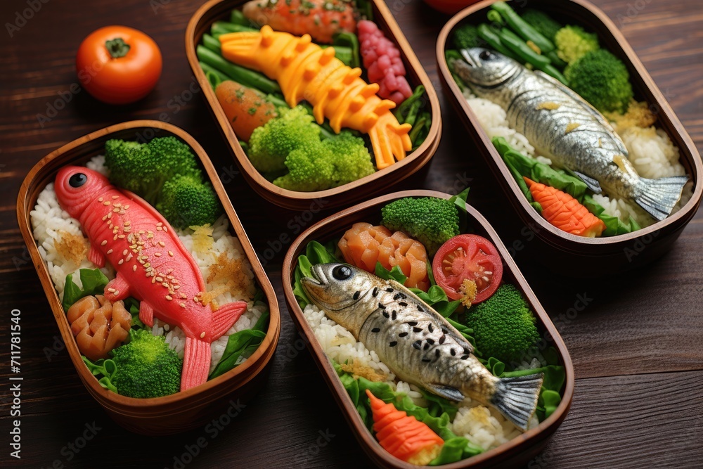 Four Bento Boxes Filled With Assorted Food Items for a Complete Meal ...