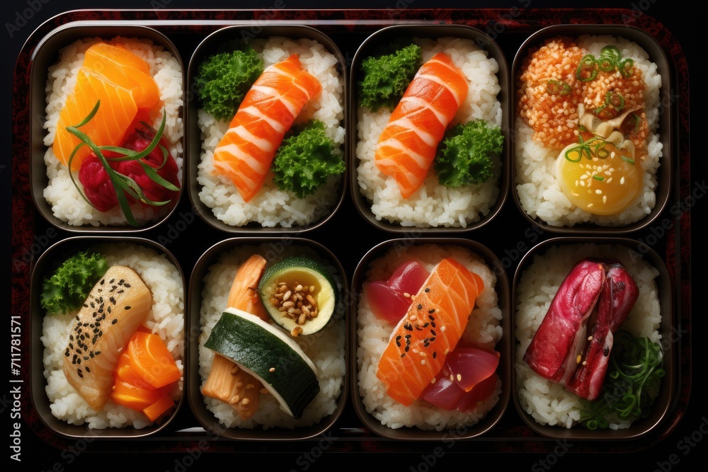 A visually appealing presentation of a variety of sushi types ...