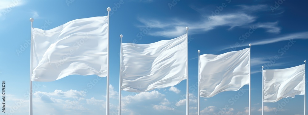 Mockup of white flags against a blue sky background. A mockup of a ...