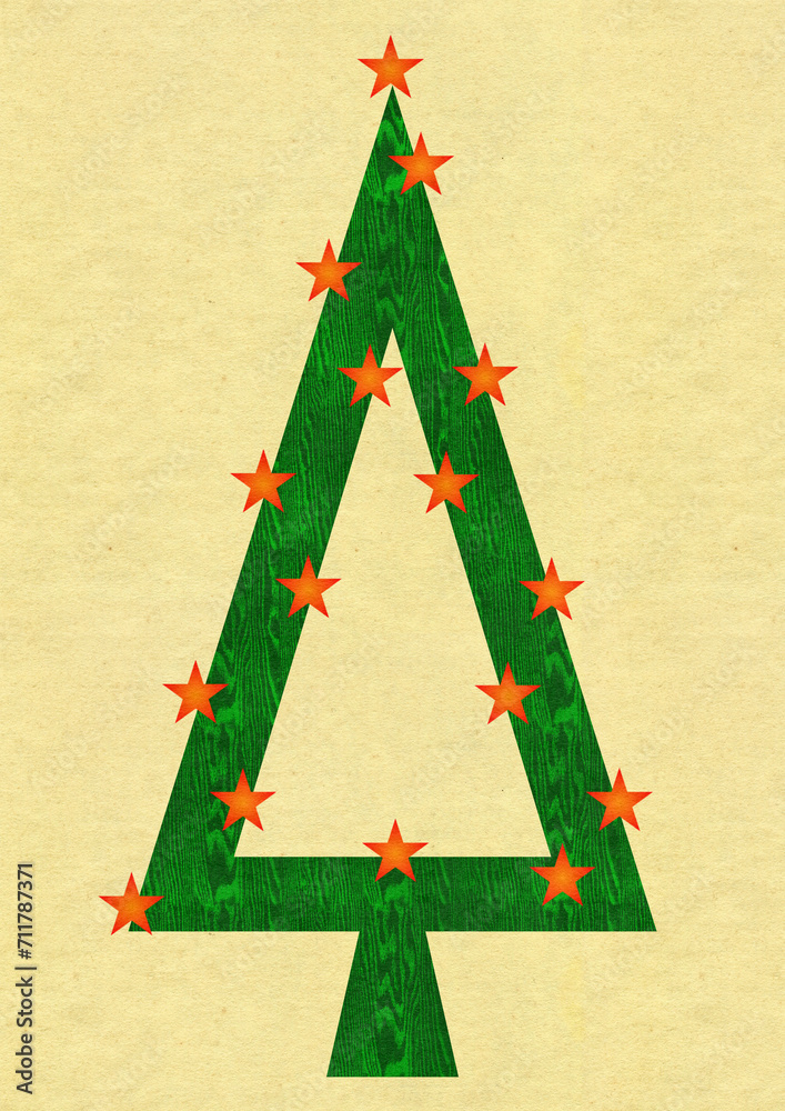 Dessin d'un sapin de Noël stylisé et décoré d'étoiles orange Stock ...