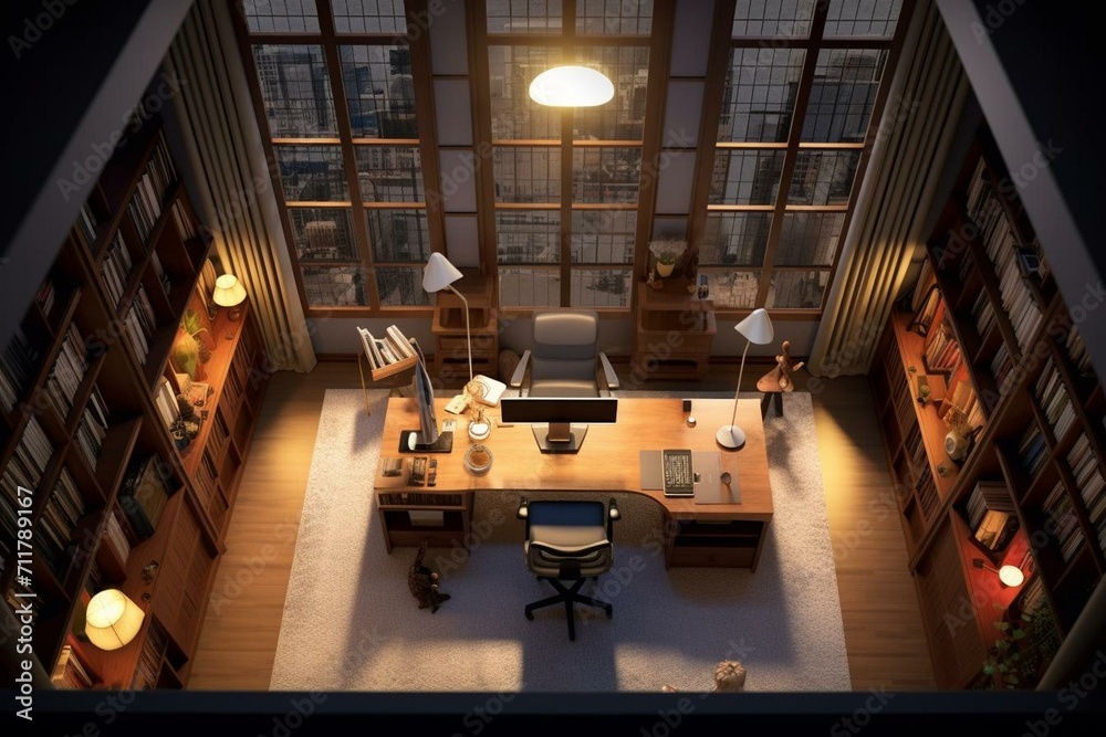 High-end executive office with a desk, PC, and shelves, viewed from ...