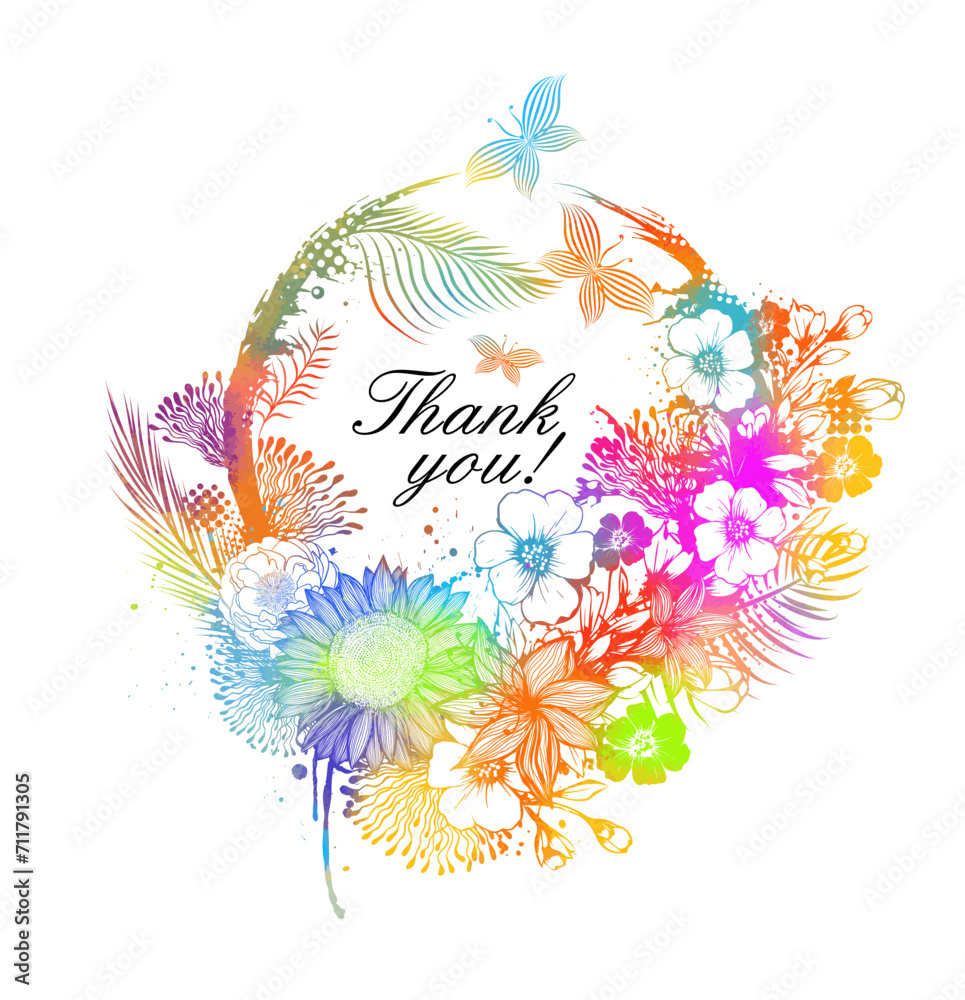 Round colorful card with flowers. Thank you. Floral elements in doodle ...