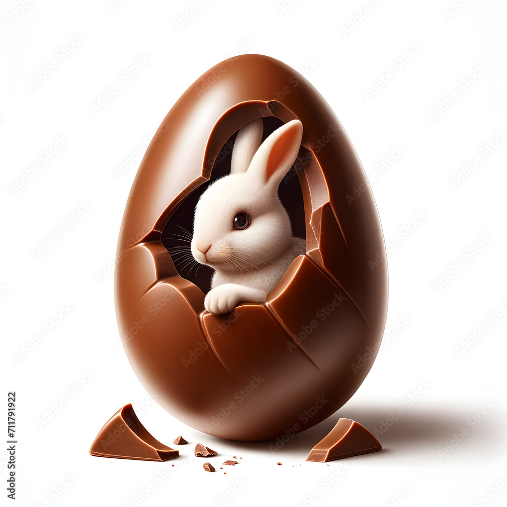 Adorable lapin blanc, drôle dans un œuf en chocolat, peint et coloré ...