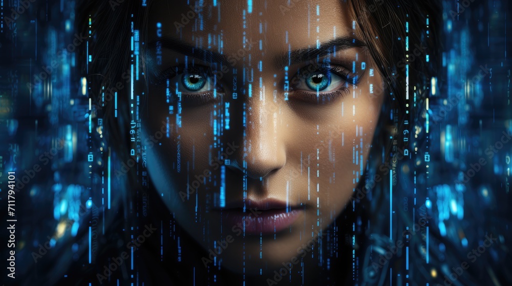 Cyberhumanoid girl robot with blue eyes and binary code represents AI ...