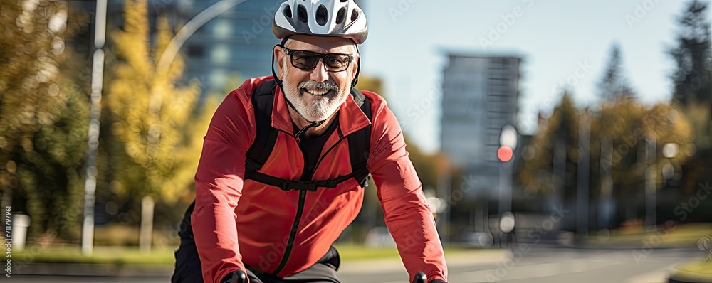 man in his 50s riding a bicycle in city park and wearing cycling helmet ...