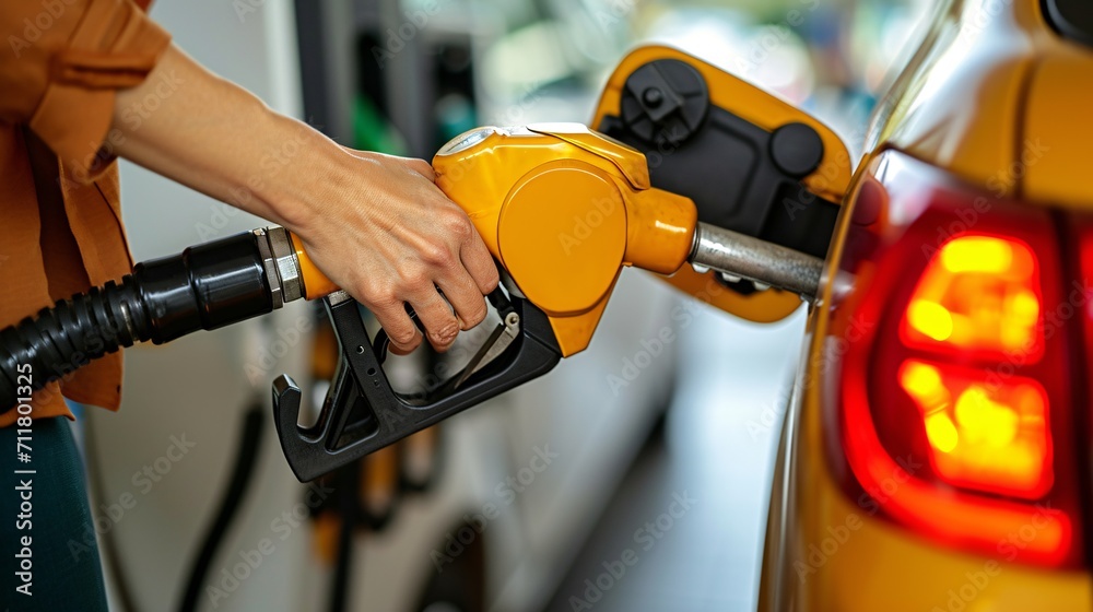 Woman's hand filling up at a gas station pump in a high-resolution ...