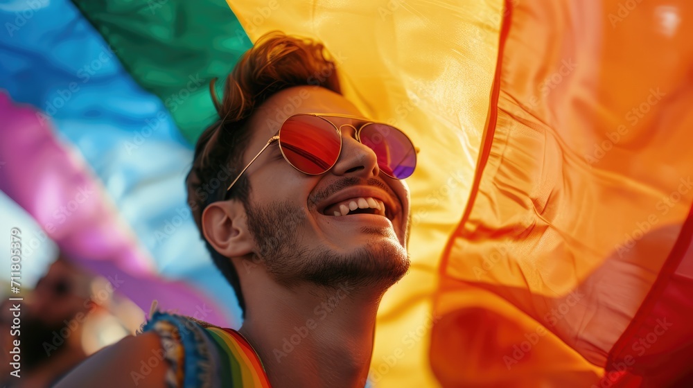 Generative AI, gay man smiling with rainbow flag, LGBT people walking ...